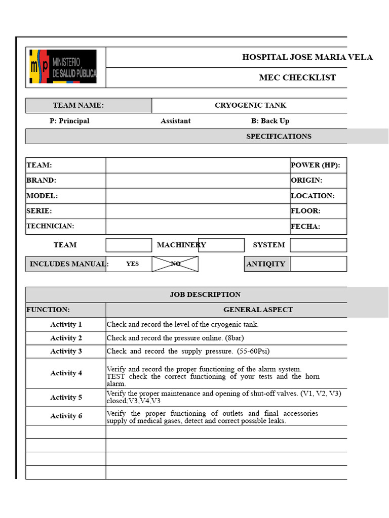 Hospital Mechanical Equipment Checklist | PDF | Gases | Pump