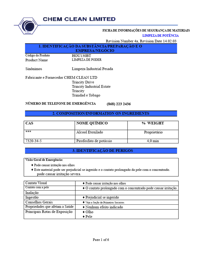 Power-Clean-MSDS_Chem clean limitada | PDF | Desperdício | Águas residuais
