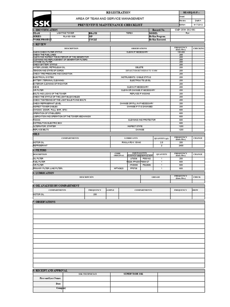 Preventive Maintenance Checklist for Lighting Towers | PDF