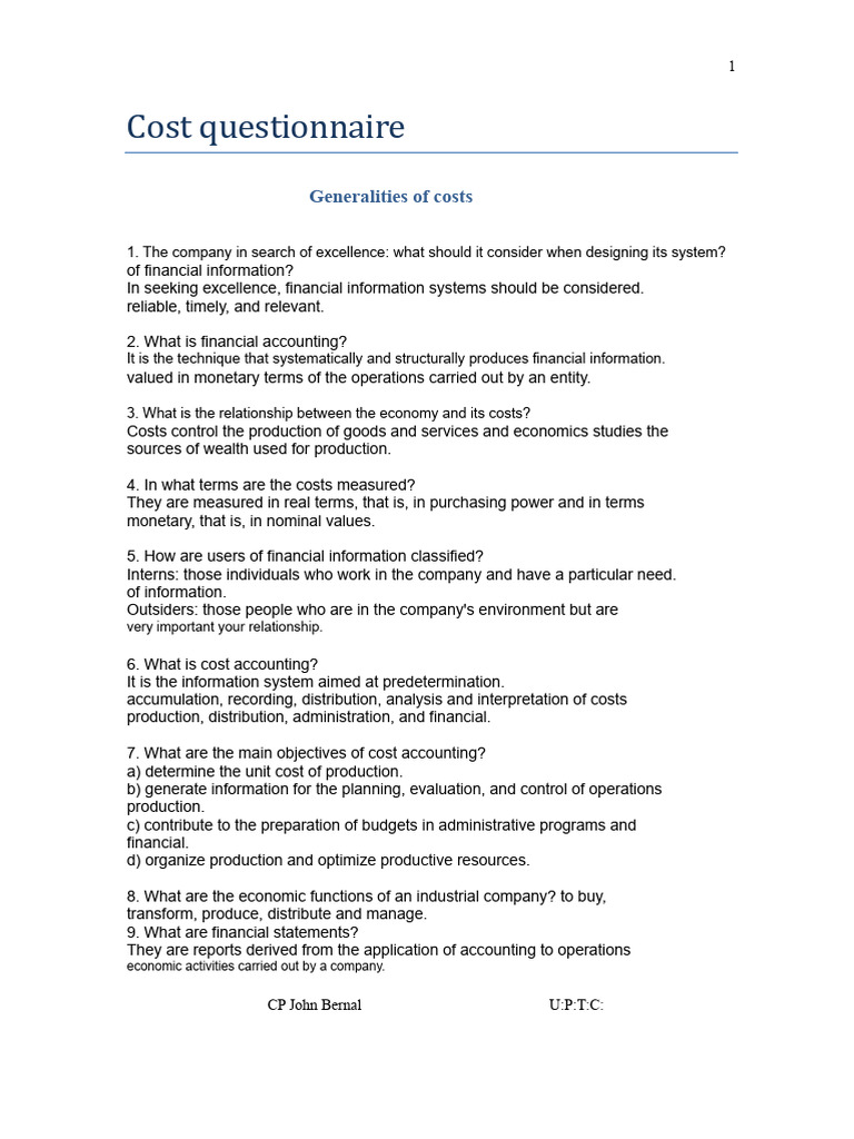 Cost Questionnaire | PDF | Inventory | Cost Of Goods Sold