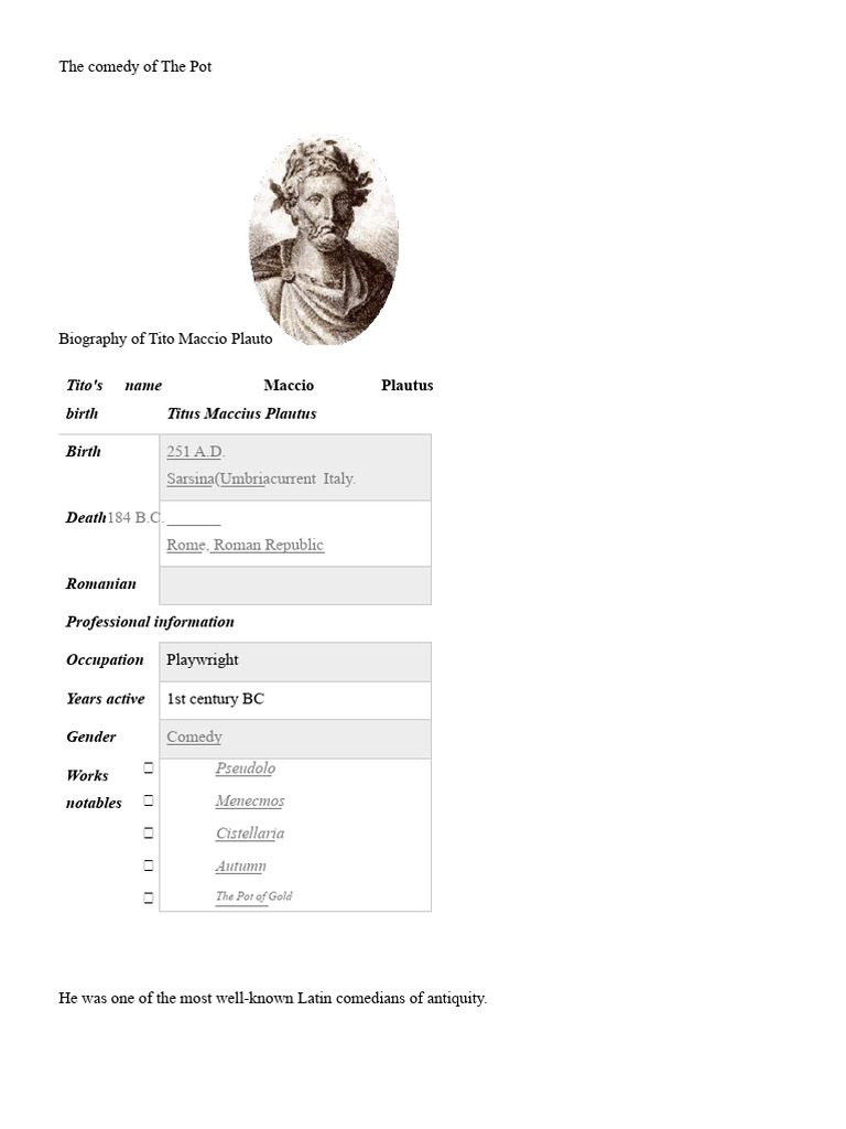The Comedy of The Pot: Tito's Name Birth Titus Maccius Plautus Birth | PDF