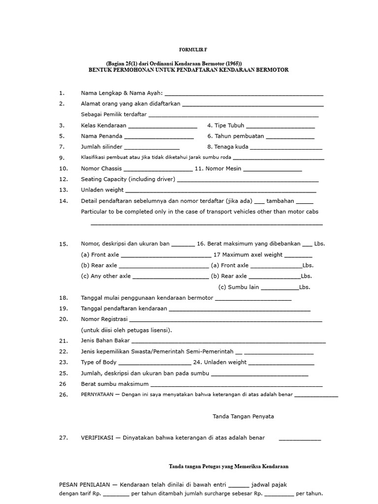 Formulir Pendaftaran Kendaraan Bermotor | PDF