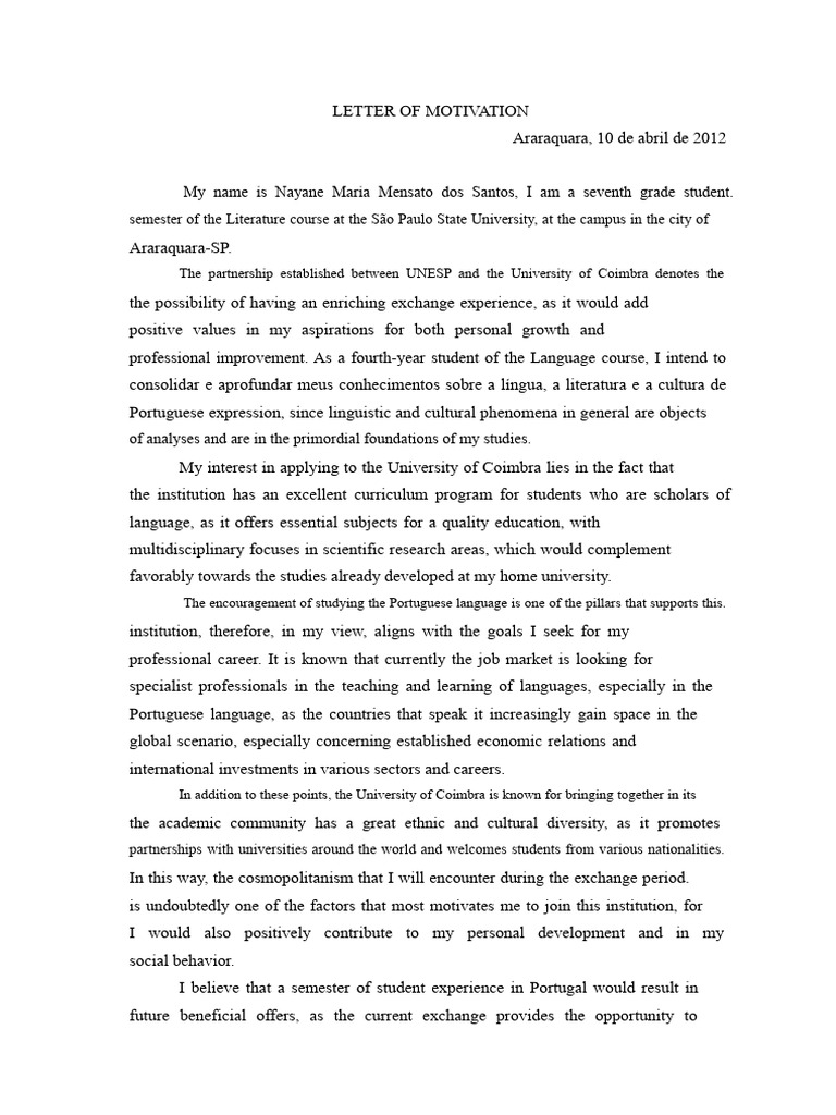 Motivation Letter for Coimbra Exchange Program | PDF | University ...