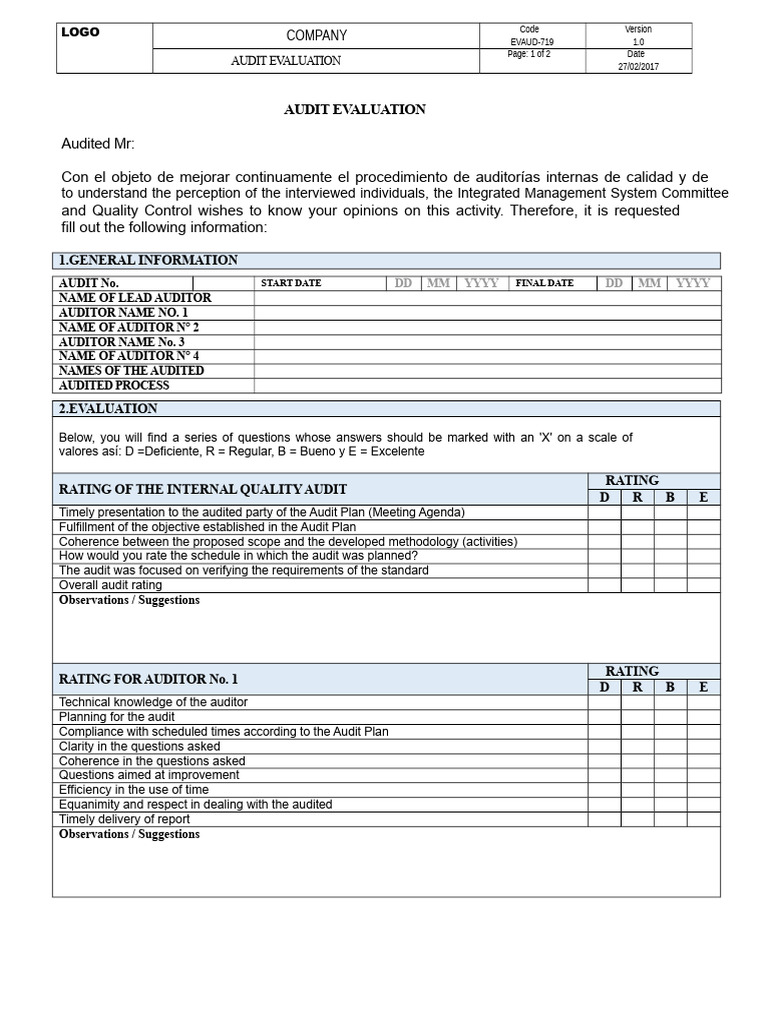 Audit Evaluation Format | PDF | Audit | Evaluation