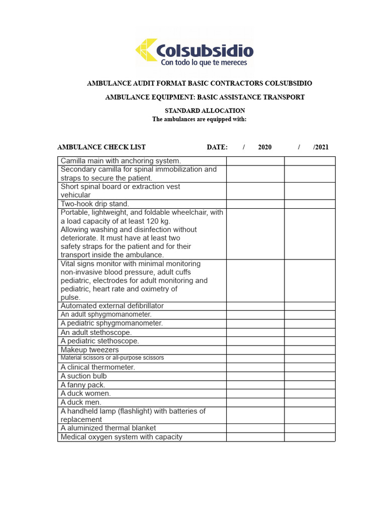 Audit Format Basic Ambulance Colsubsidio Contractors | PDF | Medical ...