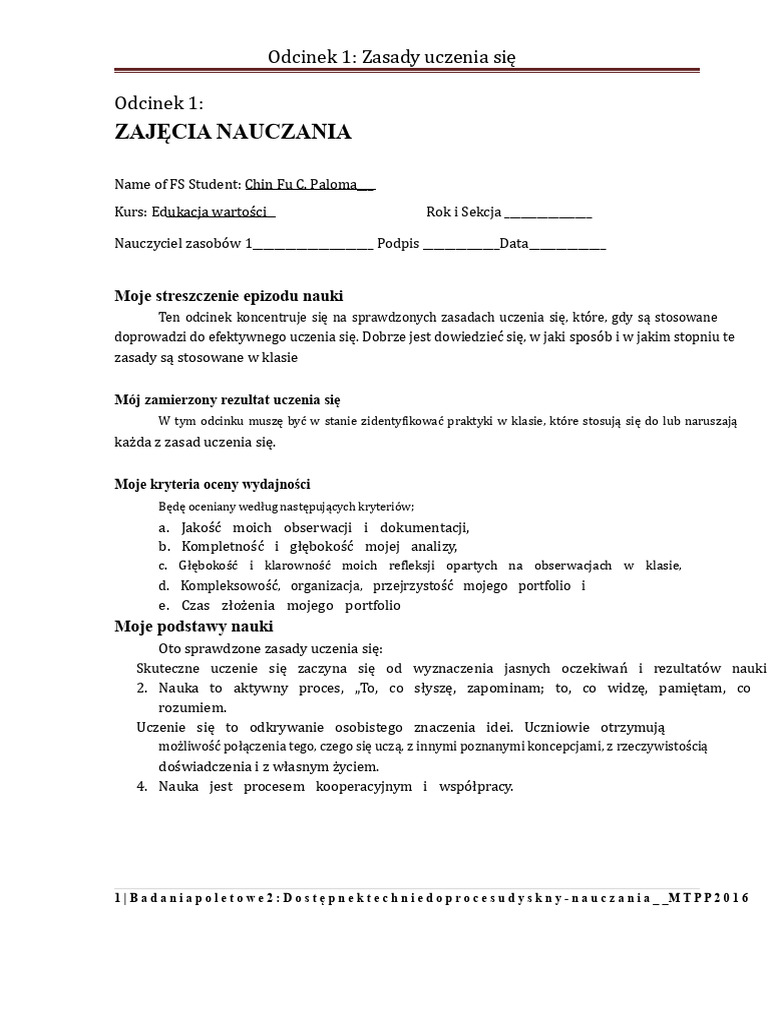 Odcinek 1 FS 2 Zasady Uczenia Się | PDF