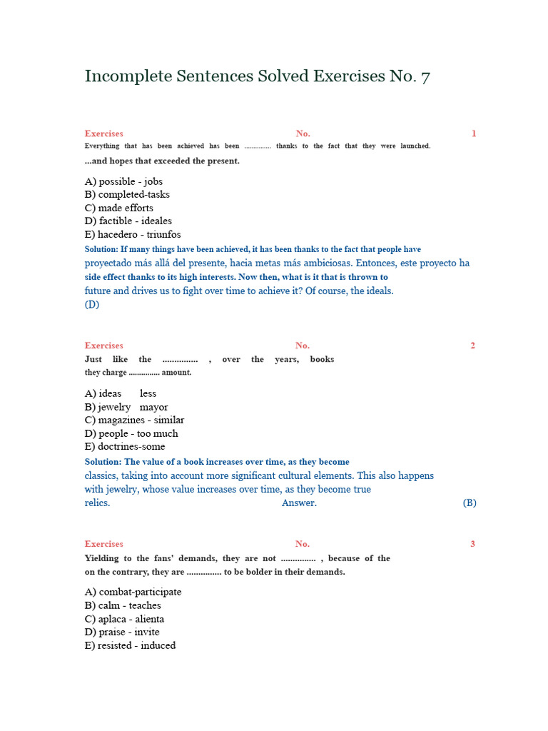Incomplete Sentences Exercises Solved No. 7 | PDF