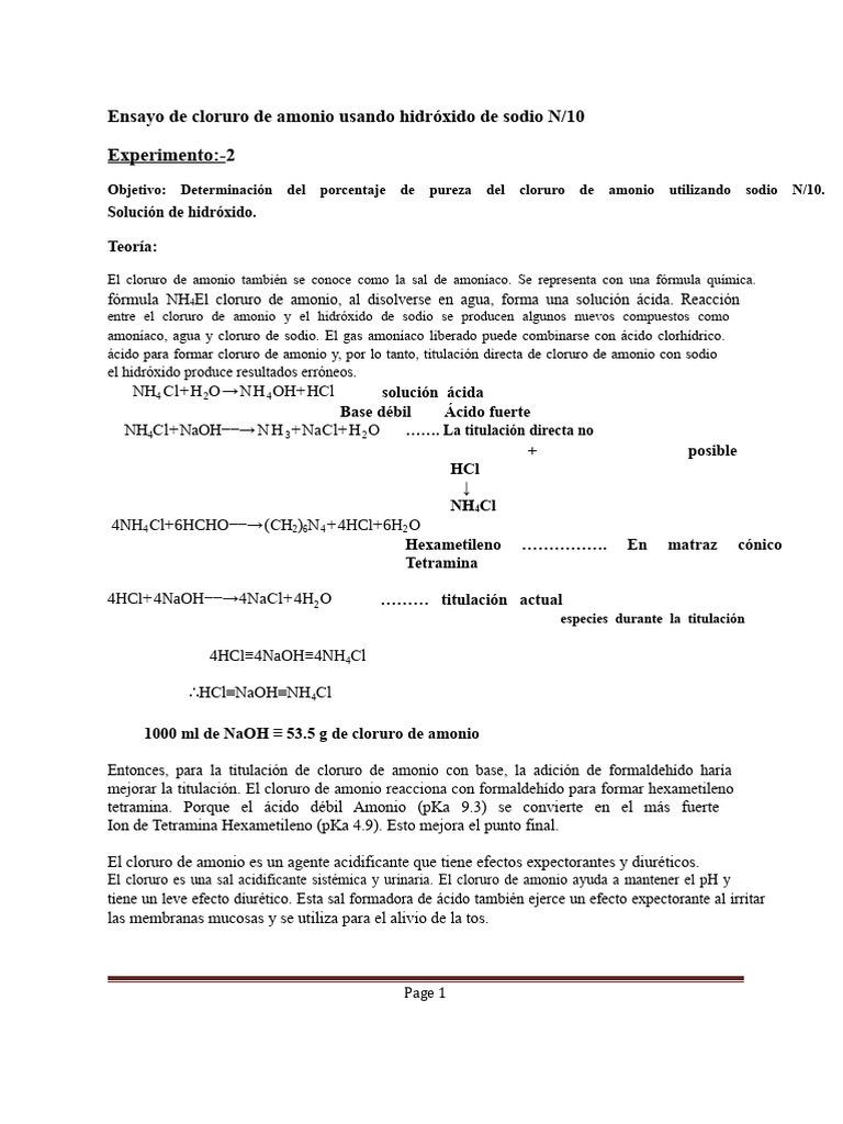 Análisis de Cloruro de Amonio Usando N | PDF | Valoración | Química
