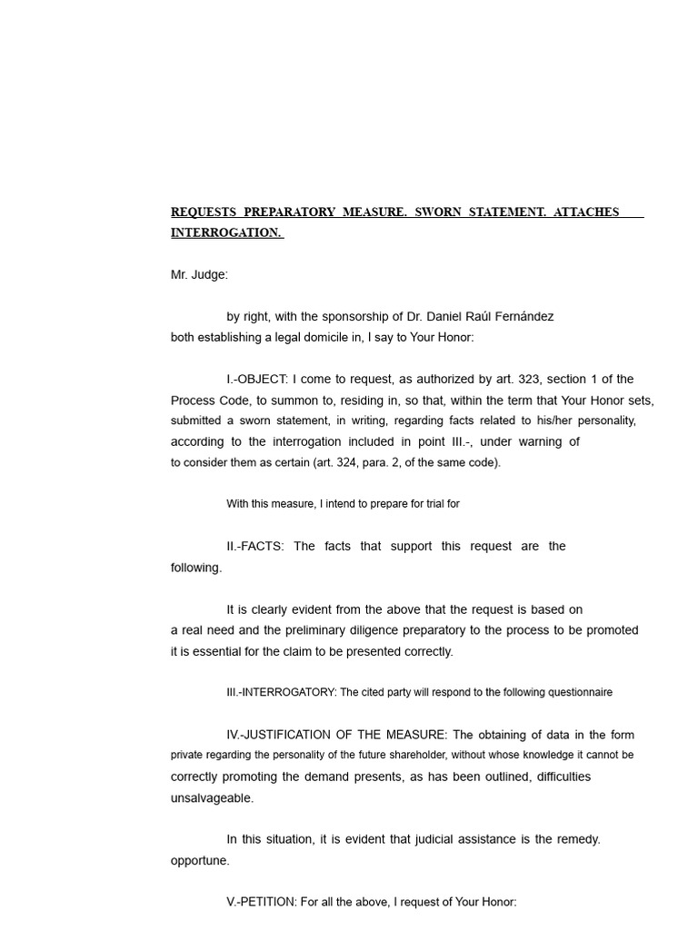 REQUEST FOR PREPARATORY MEASURE. SWORN STATEMENT. ACCOMPANIES ...