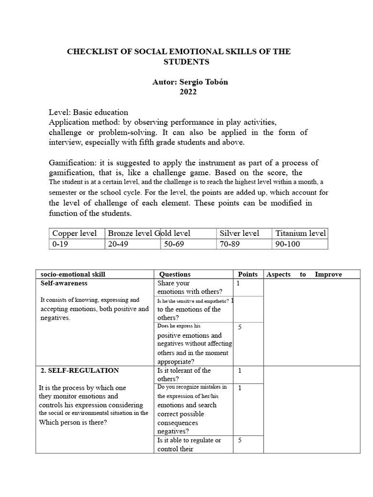 Social Emotional Skills Checklist | PDF | Empathy | Psychological ...