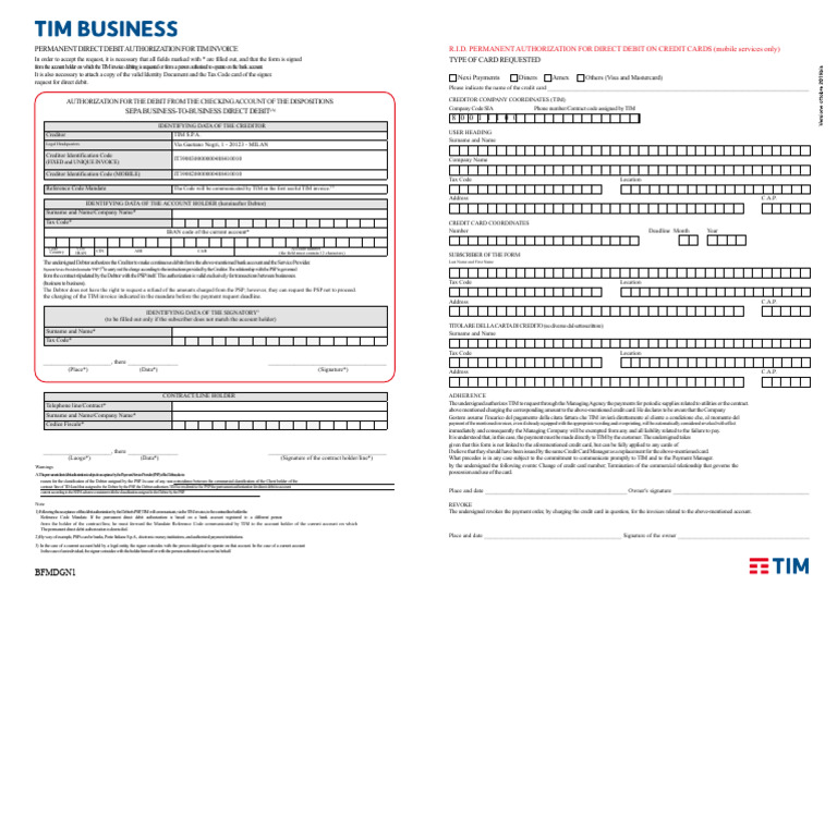 TIM Direct Debit Authorization Form | PDF | Debit Card | Credit Card