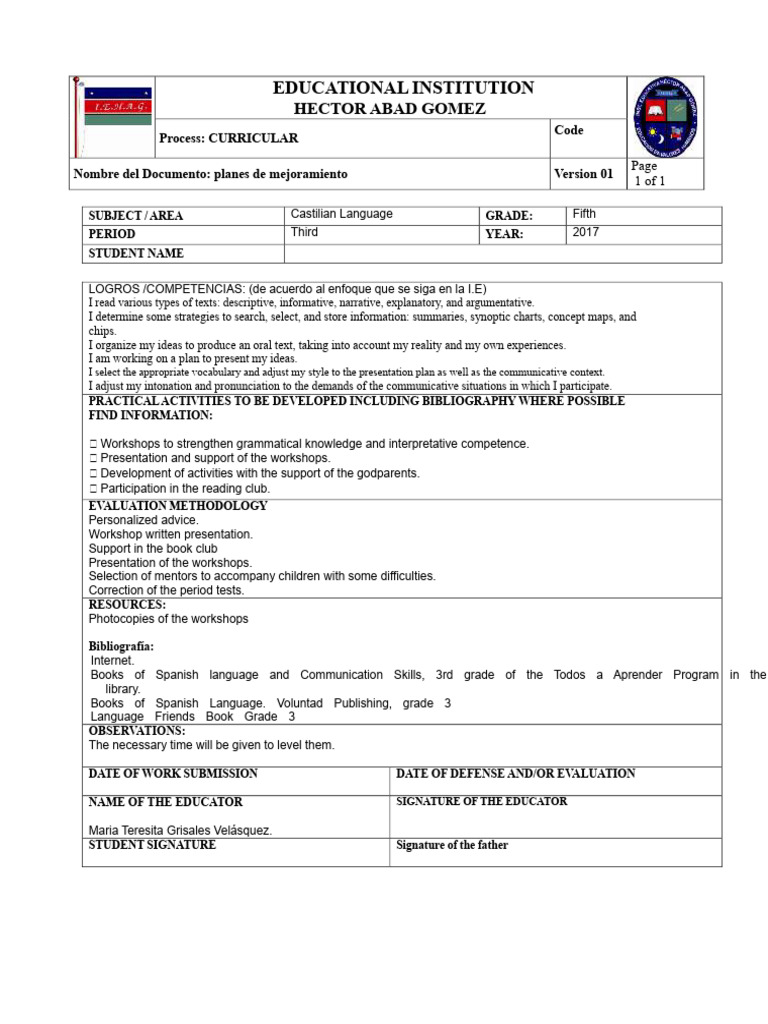 Improvement Plan 5 Third Period Spanish Language 2017 1 | PDF ...