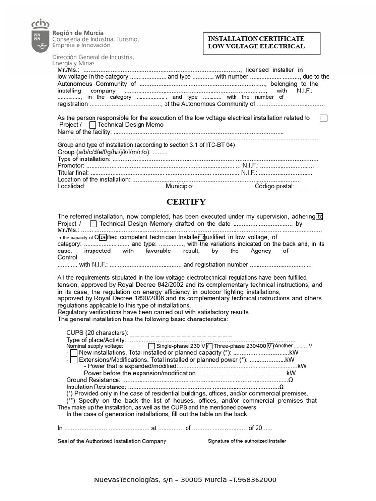 4376-Low Voltage Electrical Installation Certificate.doc | PDF | Watt ...