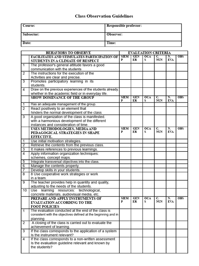 Class Observation Guidelines | PDF | Evaluation | Methodology