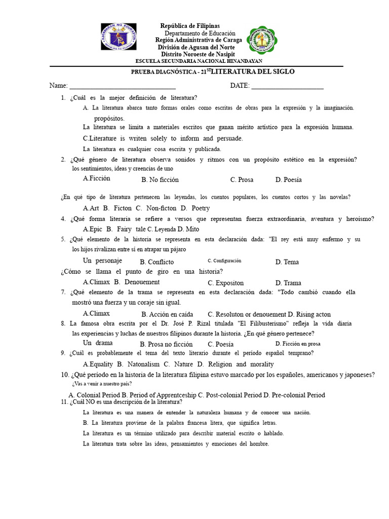 Prueba de Diagnóstico en La Literatura Del Siglo XXI 2022-2023 | PDF ...