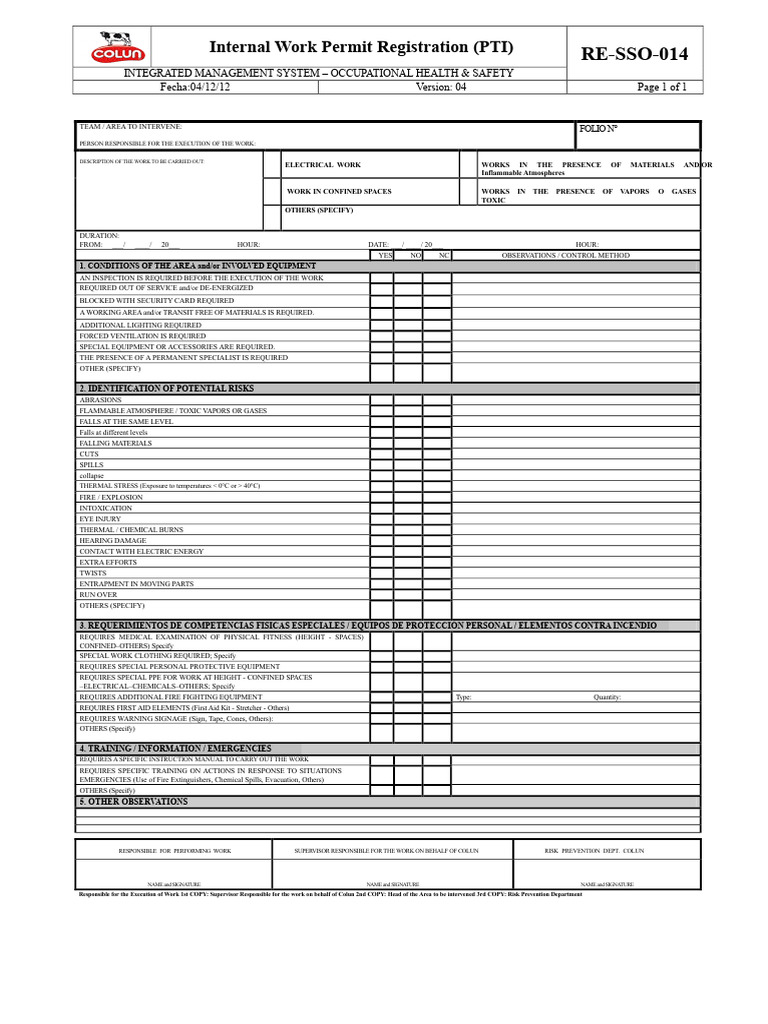 Internal Work Permit Registry (PTI) | PDF | Safety | Occupational ...