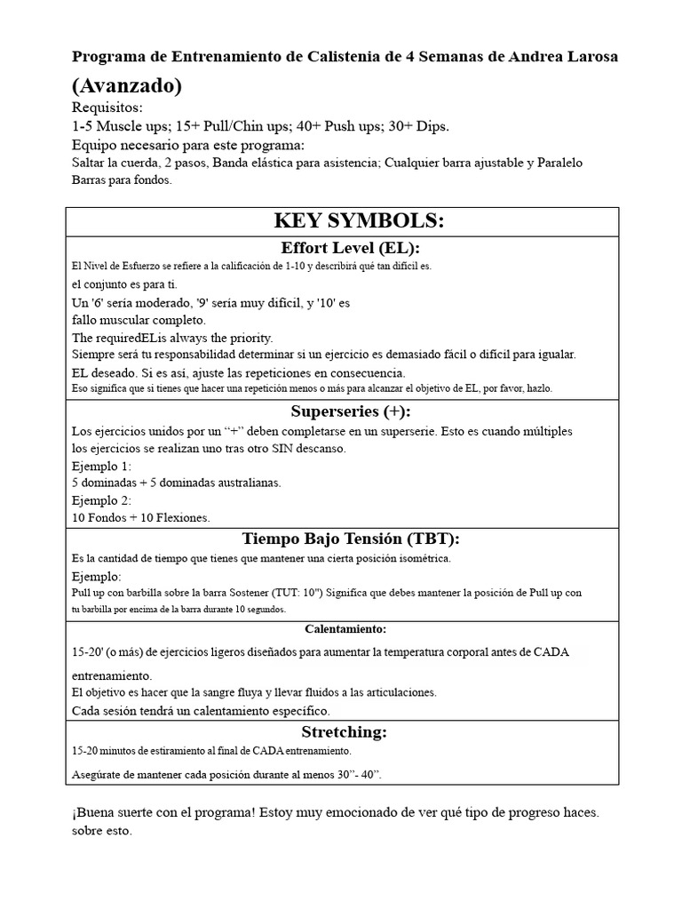 Larosa Programa de Entrenamiento de Calistenia Avanzado de 4 Semanas PDF | PDF | Entrenamiento ...