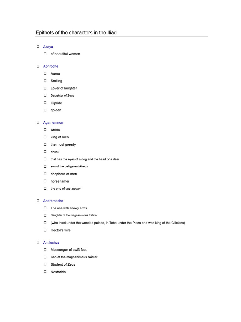 Epithets of Characters in the Iliad | PDF | Hector | Iliad