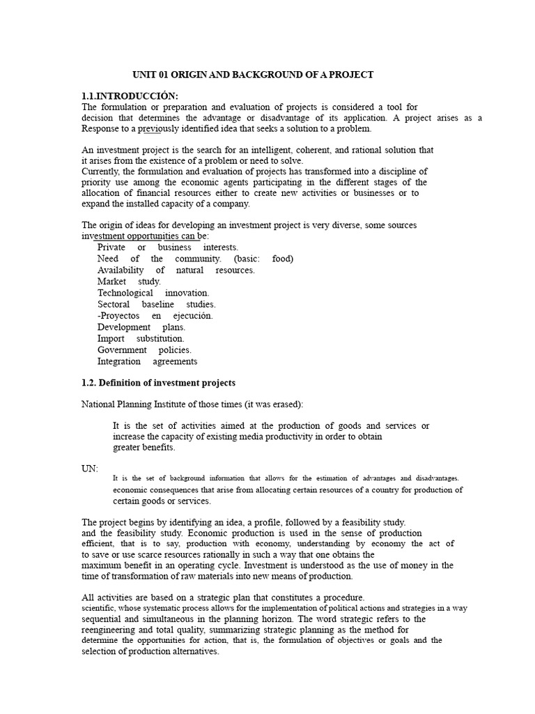 Unit 01 Origin and Background of a Project | PDF | Feasibility Study ...