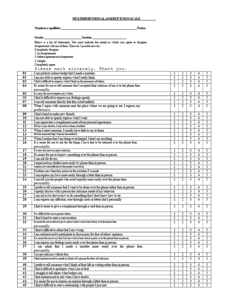 Multidimensional Assertiveness Scale (EMA) Test For Adolescents | PDF ...