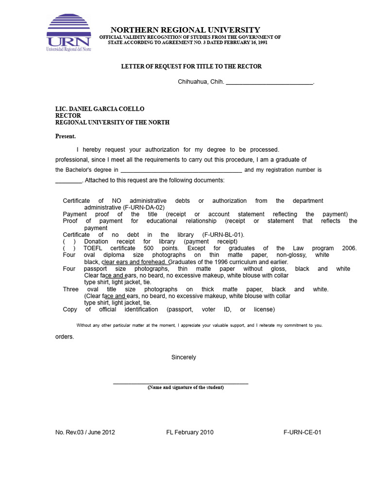 Letter of Application For A Degree To The Rector | PDF