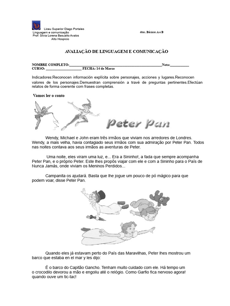 Avaliação de Linguagem: Peter Pan | PDF | Peter e Wendy
