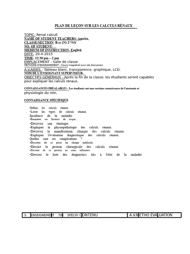 Plan de leçon sur les calculs rénaux | PDF | Calcium | Urine