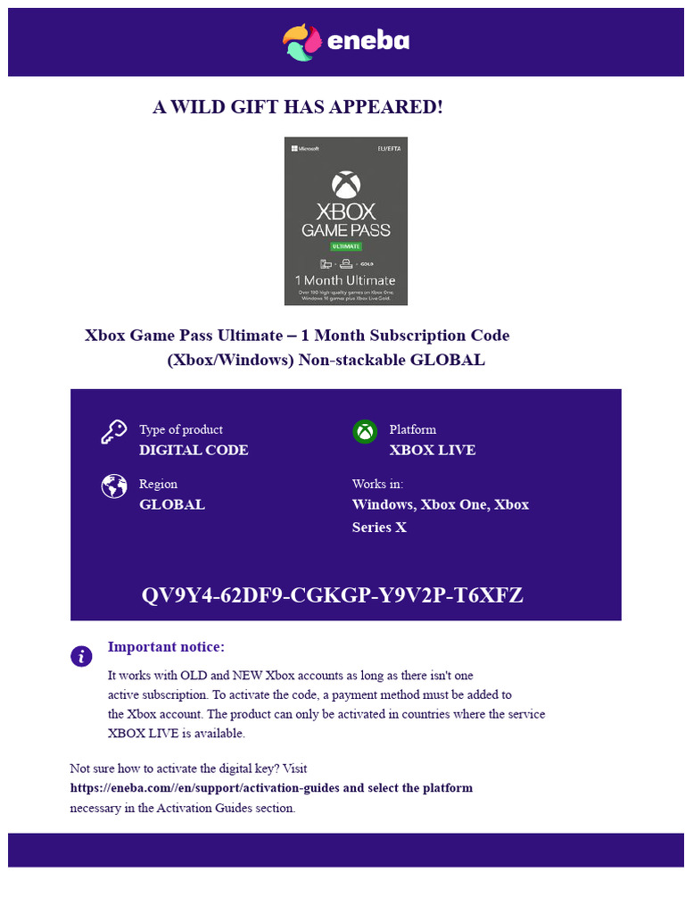 Xbox Game Pass Ultimate – 1 Month Subscription Code (Xbox_Windows) Non-stackable GLOBAL | PDF