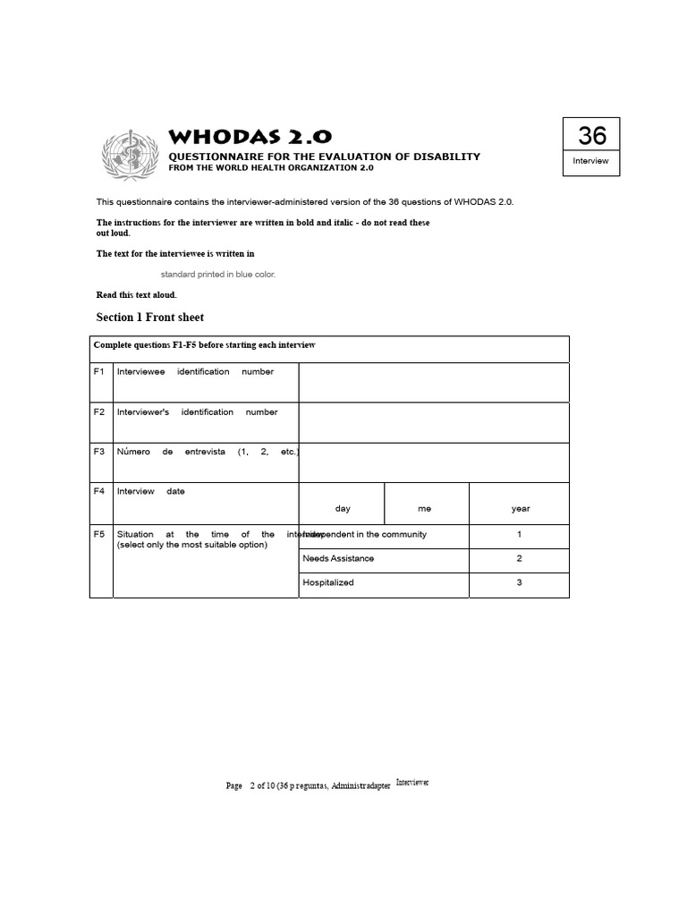 WHO Disability Evaluation Questionnaire | PDF | Interview | Behavioural ...