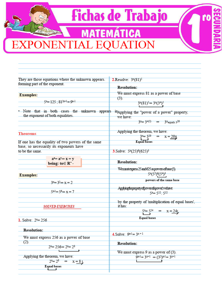 Exponential Equation For First Year of Secondary School | PDF ...