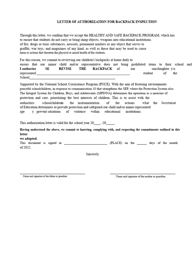 Letter of Authorization For Backpack Inspection | PDF