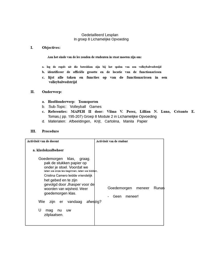 Gedetailleerd Lesplan in Groep 8 Fysiek | PDF