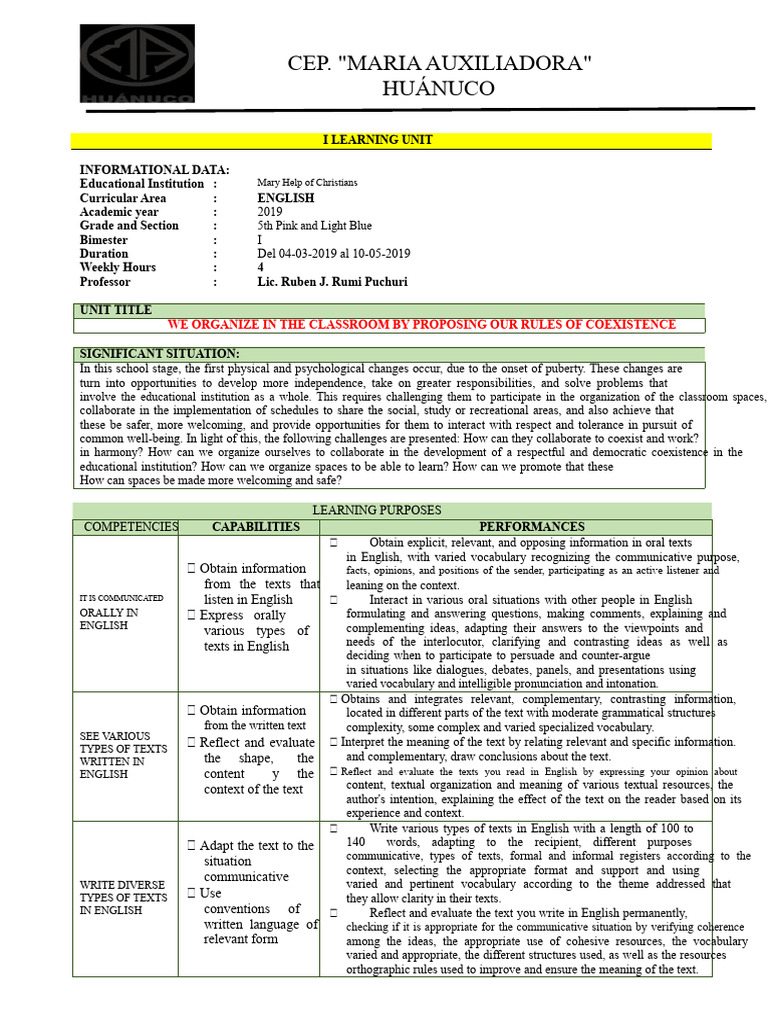 UNIT I English 5th SEC | PDF | English Language | Information