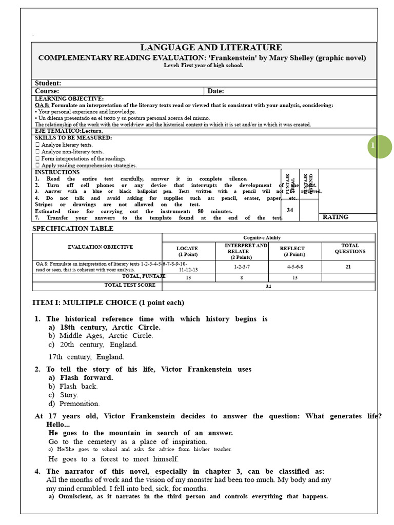 Frankenstein ADEQUATE Assessment | PDF | Reading Comprehension