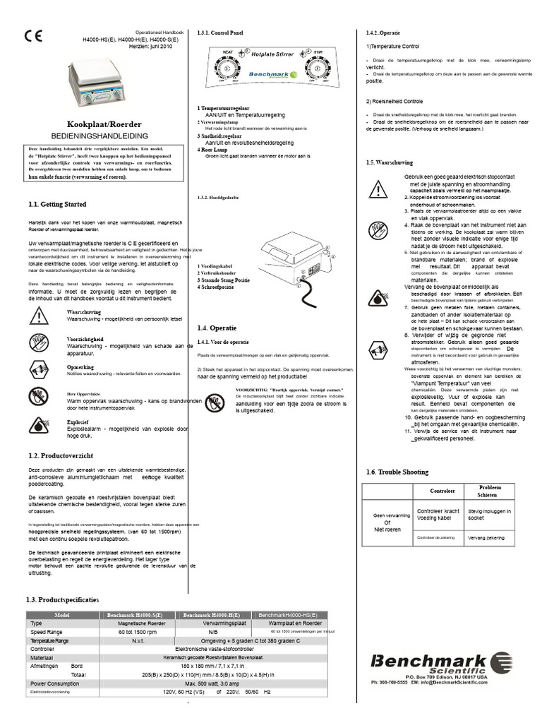 Benchmark H4000 Hotplate Stirrer Gebruikershandleiding | PDF