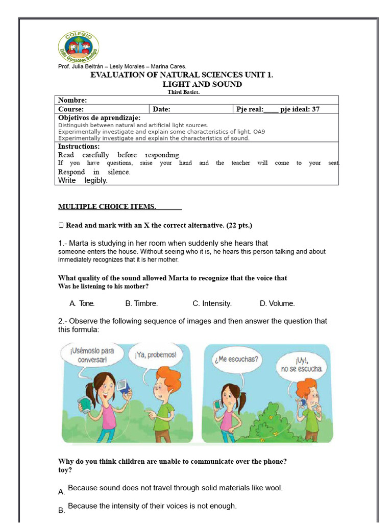 EVALUATION UNIT 1 NATURAL SCIENCES LIGHT AND SOUND 3rd GRADE | PDF ...