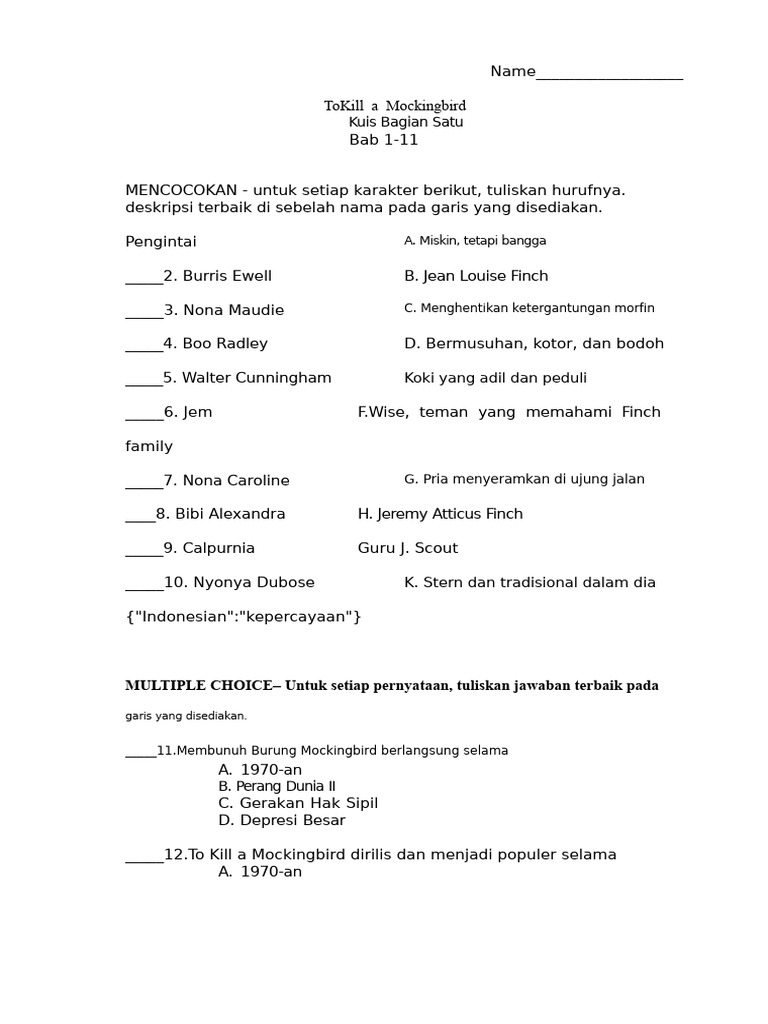 Kuis Karakter dan Tema "To Kill a Mockingbird" | PDF