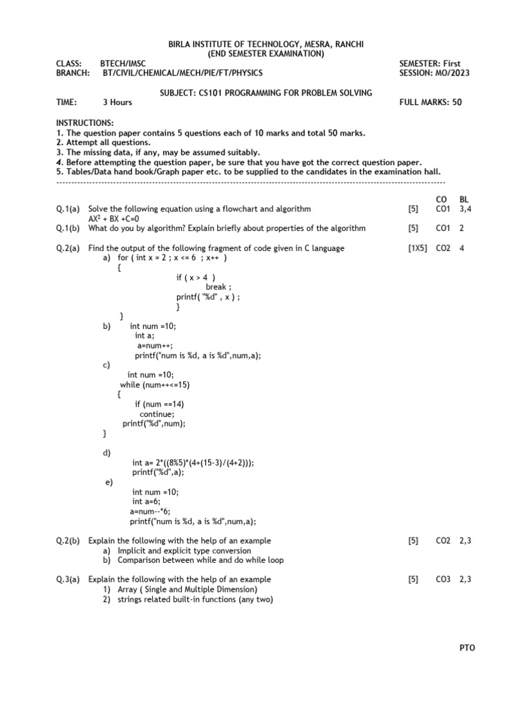 Cs101 Programming for Problem Solving_end_mo23 (1) | PDF | Computer ...