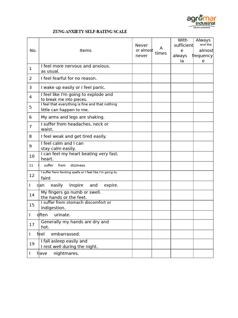Zung's Self-Rating Anxiety Scale Agromar Industrial | PDF