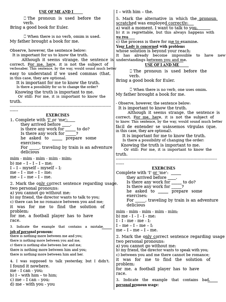 Use of I and Me Exercises | PDF | Syntax | Grammar