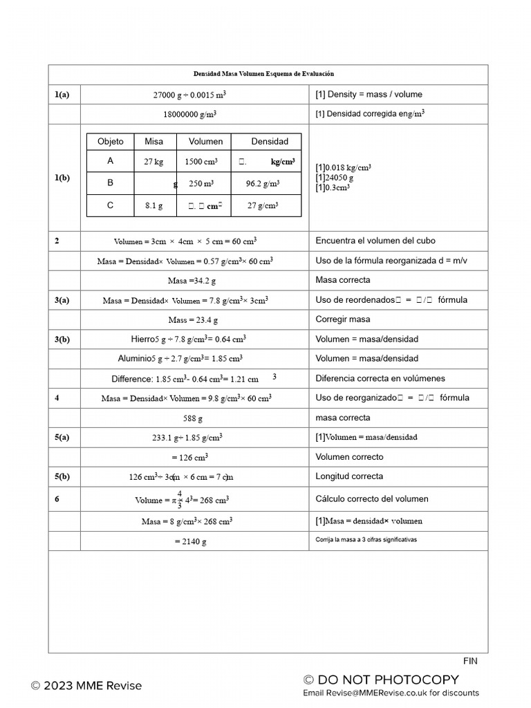 Densidad Masa y Volumen Respuestas MME | PDF | Matemáticas