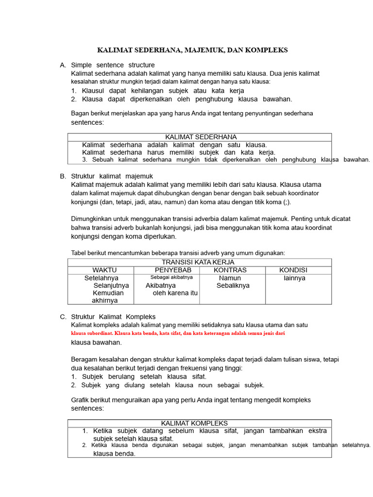 Kalimat Sederhana, Kalimat Majemuk, dan Kalimat Kompleks | PDF