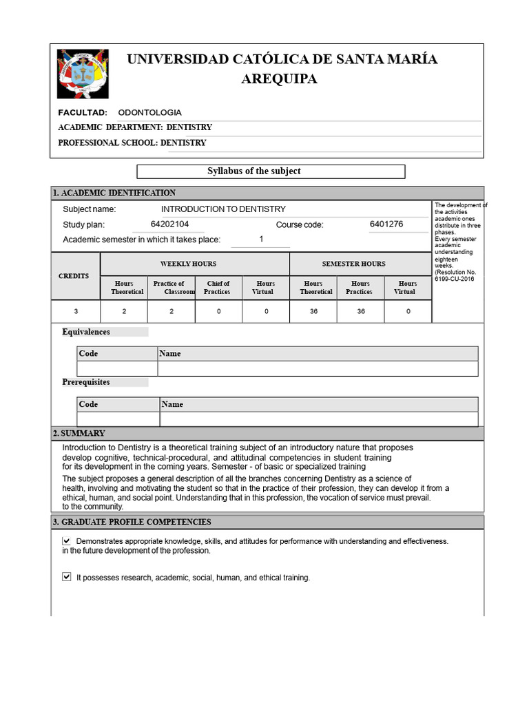 Syllabus of Introduction To Dentistry 2024 | PDF | Dentistry | Knowledge