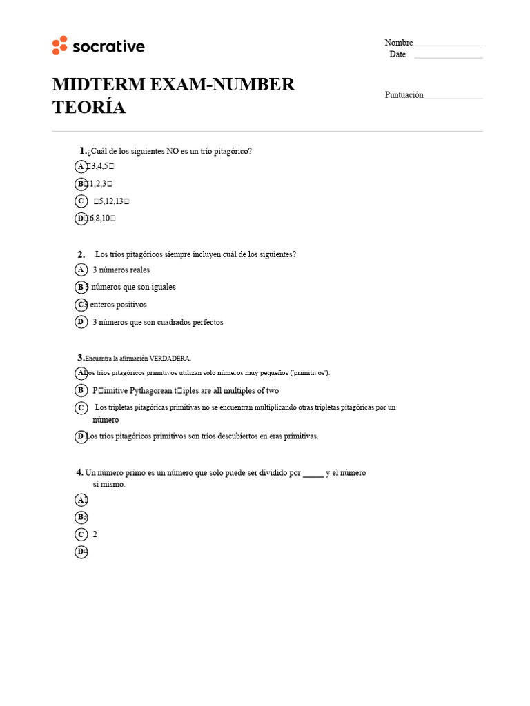 Examen de Teoría de Números y Tríos Pitagóricos | PDF | Teoría de los ...