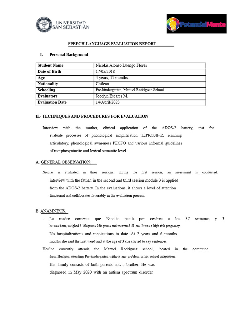 Nicolás - Audiological Evaluation Report | PDF | Mental Disorder | Autism