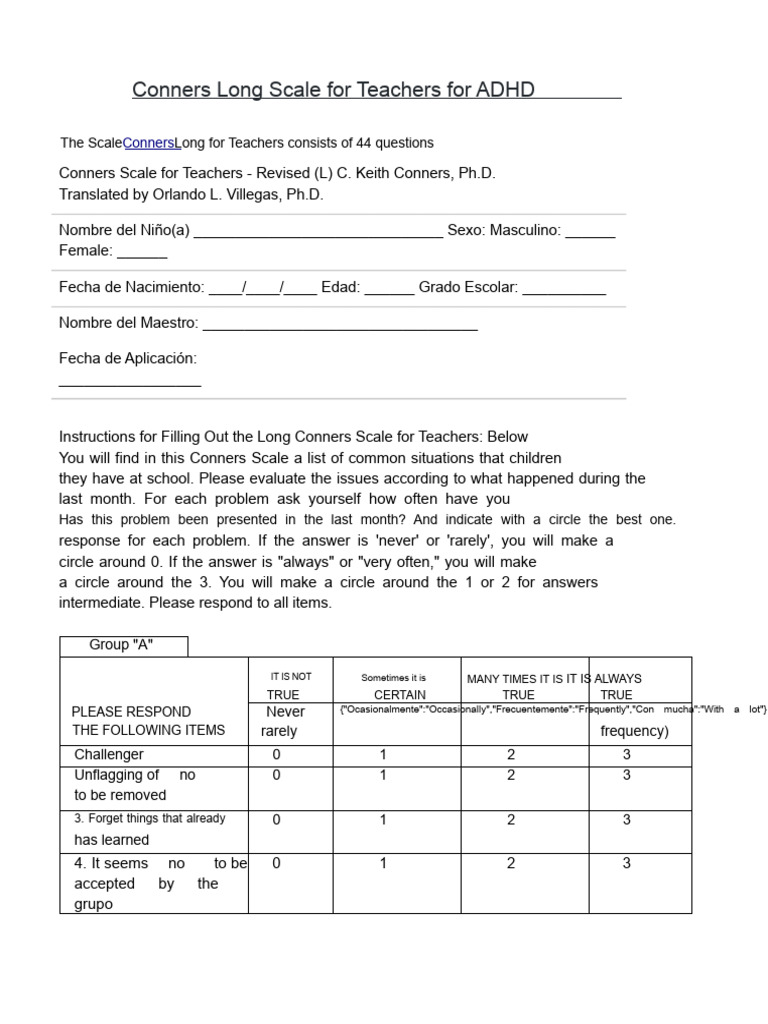 Conners Long Scale For Teachers - ADHD | PDF | Attention Deficit ...