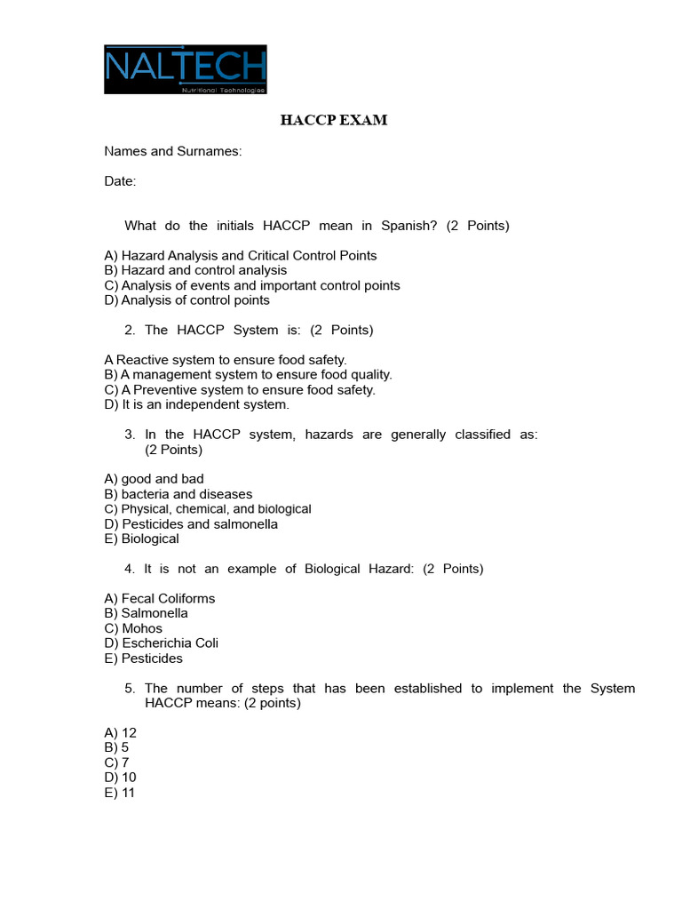 HACCP EXAM | PDF