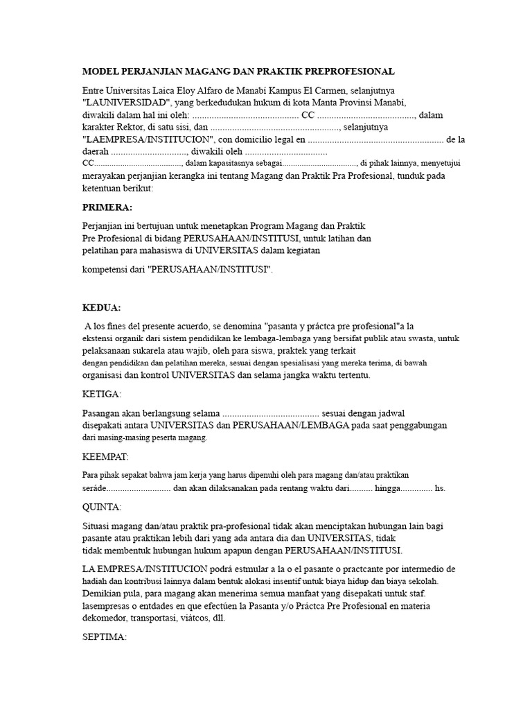 MODEL PERJANJIAN MAGANG DAN PRAKTIK PRE-PROFESIONAL | PDF