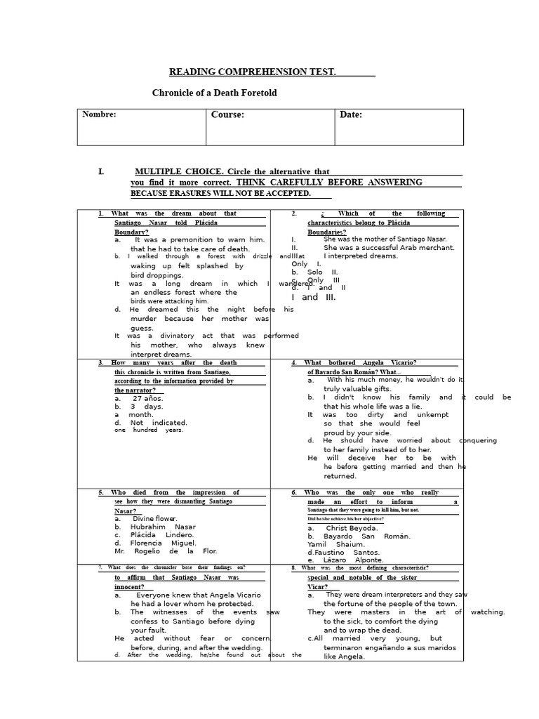 READING COMPREHENSION TEST Chronicle of a Death Foretold | PDF