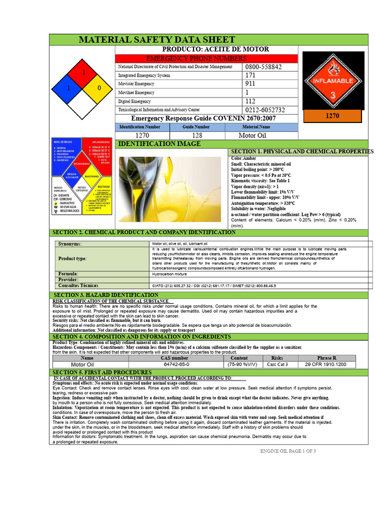 Motor Oil Safety Data Sheet Guide | PDF | Waste | Waste Management